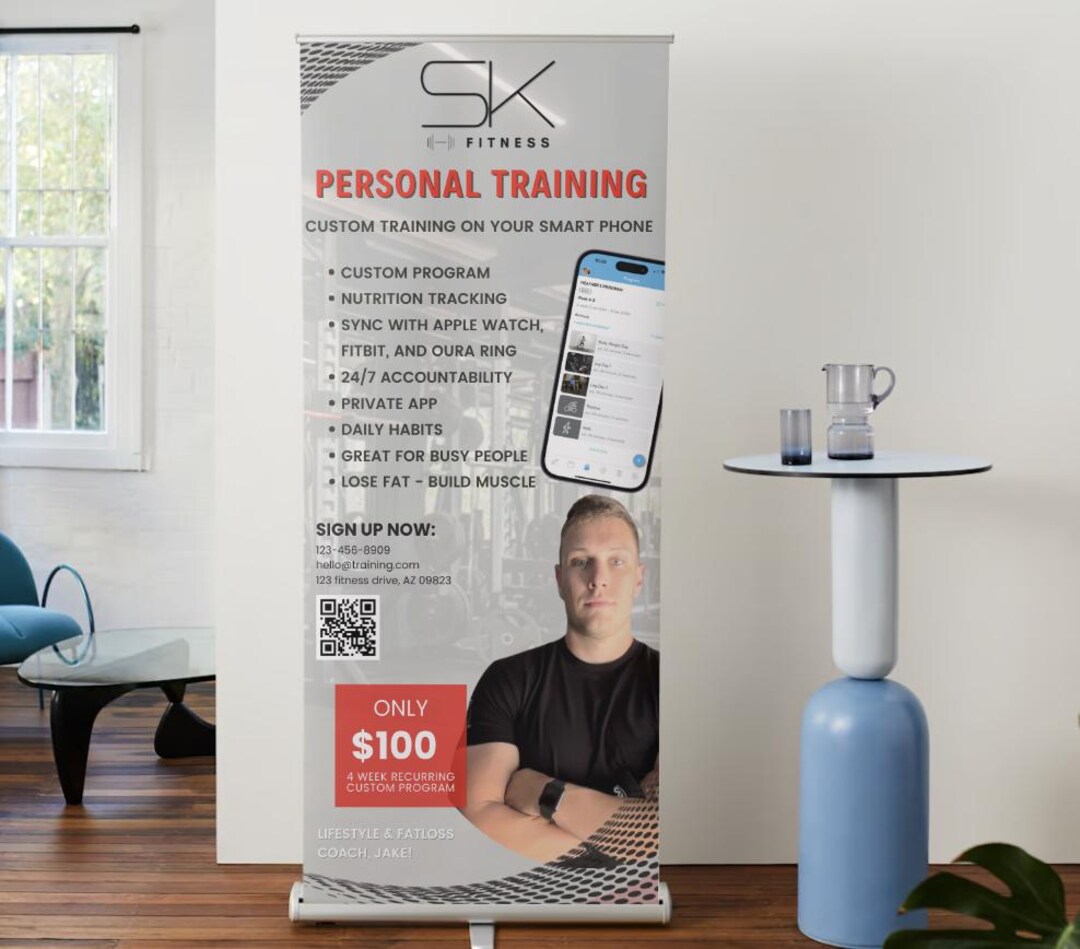 Fitness Retractable Banner Mens Personal Trainer Customizable Canva ...