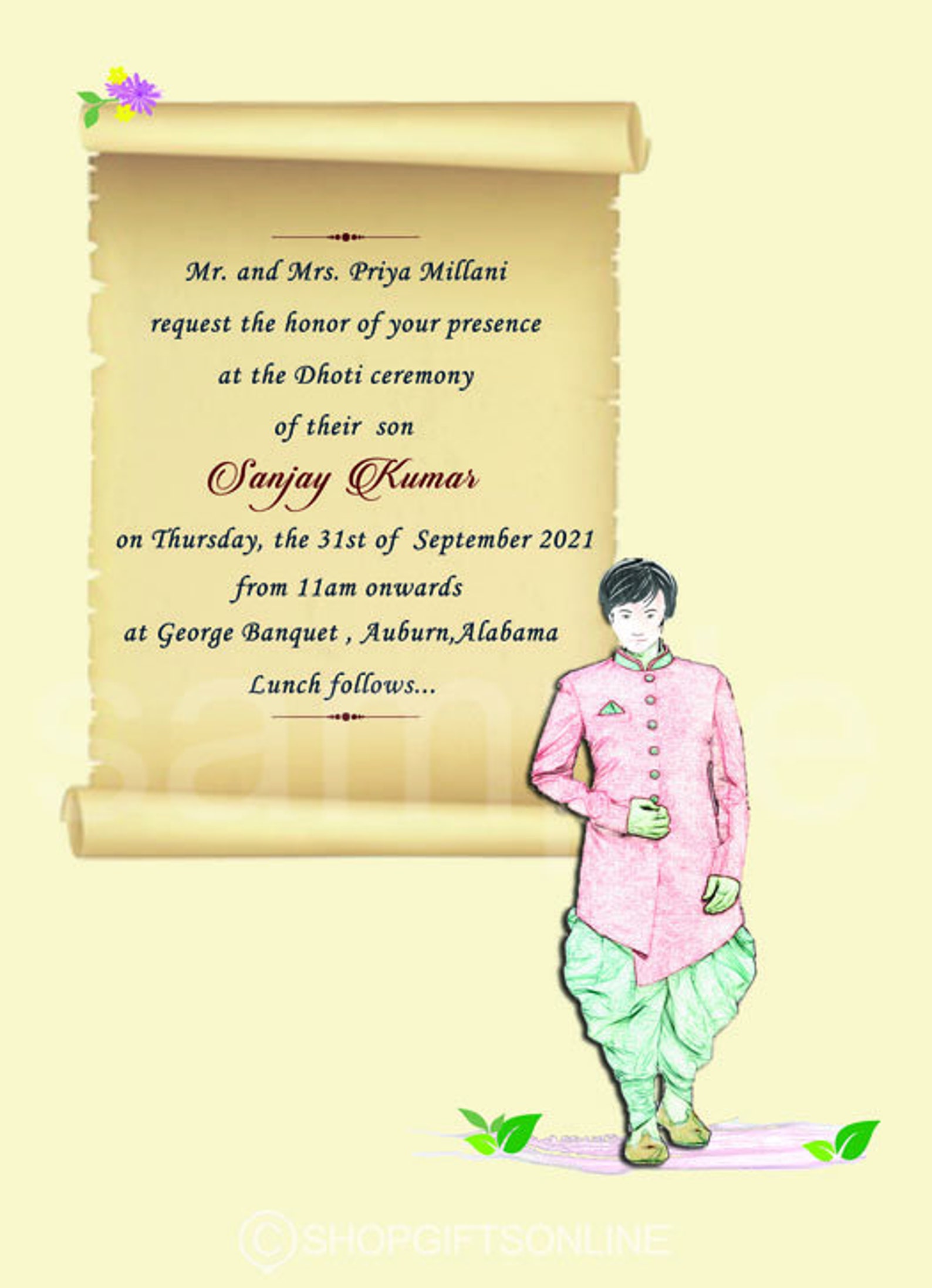 Dhoti Ceremony, Dhoti Function, Pancha Kattu Ceremony Invitation, Boy ...