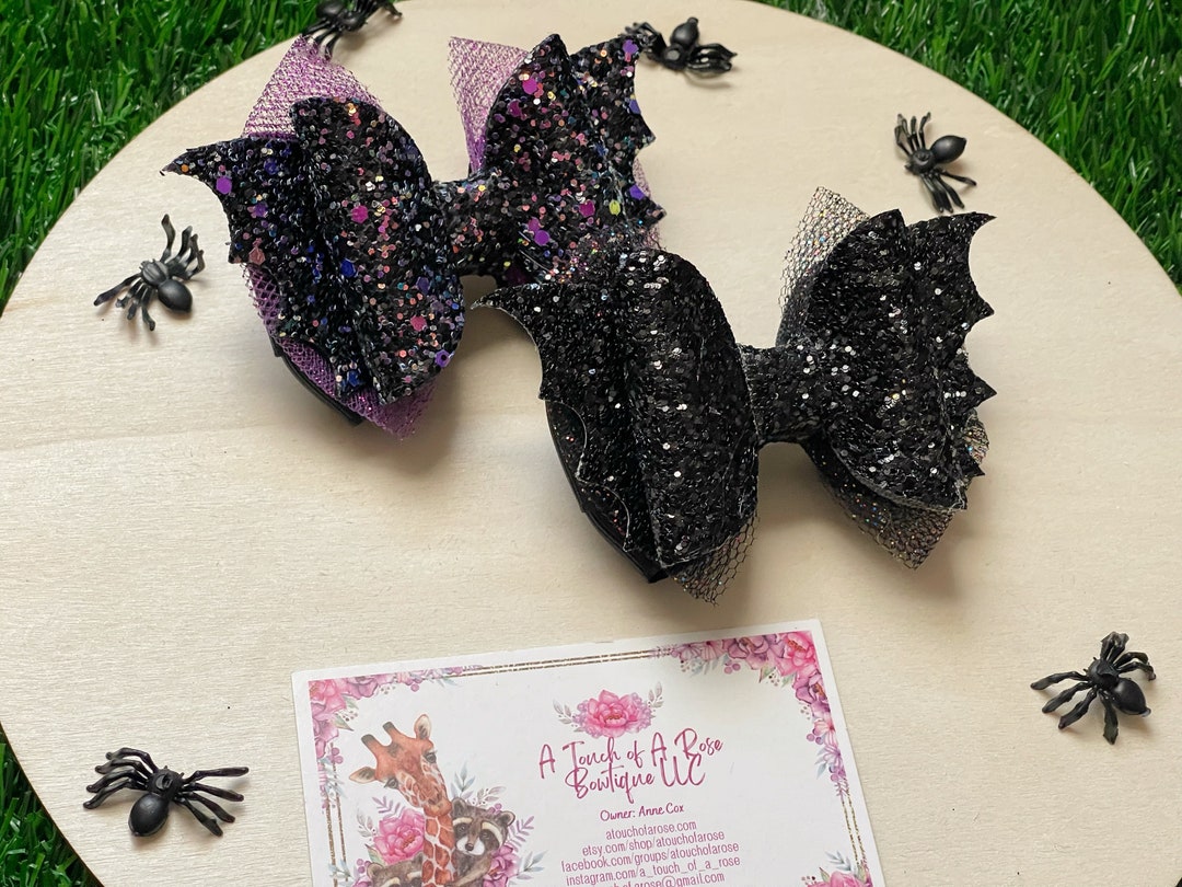 Bat Hair Bow, Bat Pigtail Bows, Spooky Hair Bow, Black Glitter Bat Hair ...