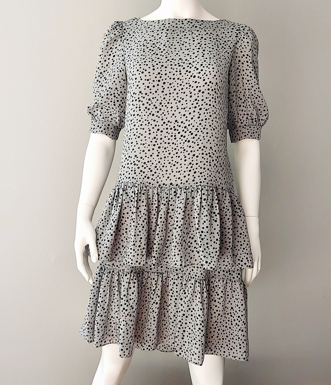 Drop-waist Prairie Dress, Polka Dot Chiffon Ruffles | Pearl Gray, Black ...