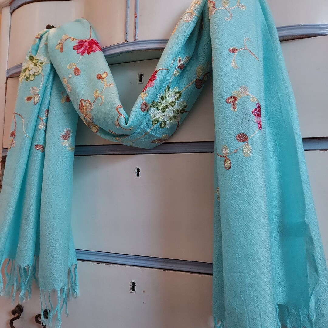 Angel Blue Pashmina, Delicate Sequin Flowers Gossamer Light Embroidery ...