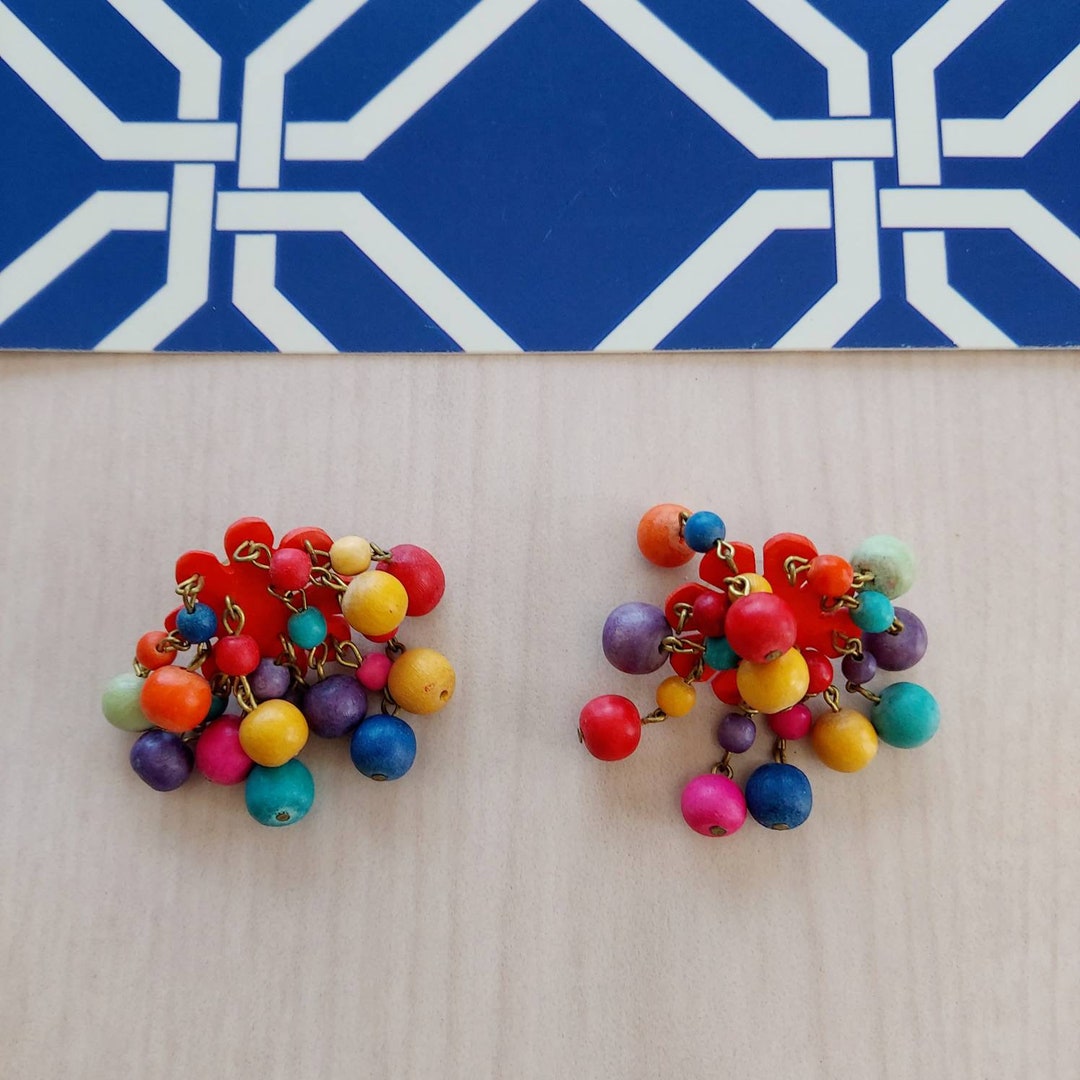 Cha-cha-cha Earrings Colorful Wood Beads, Brass Wire 80s New Wave Fairly Light, Pierced W ...