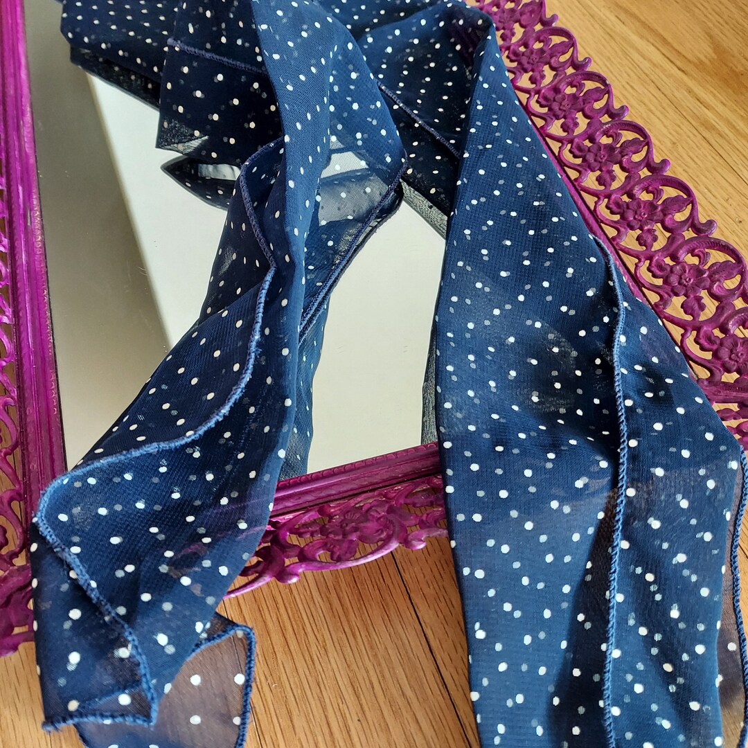 Swiss Dot Bandana, Navy Chiffon 1970s Polka Dot Scarf Rolled Edges, 56 ...