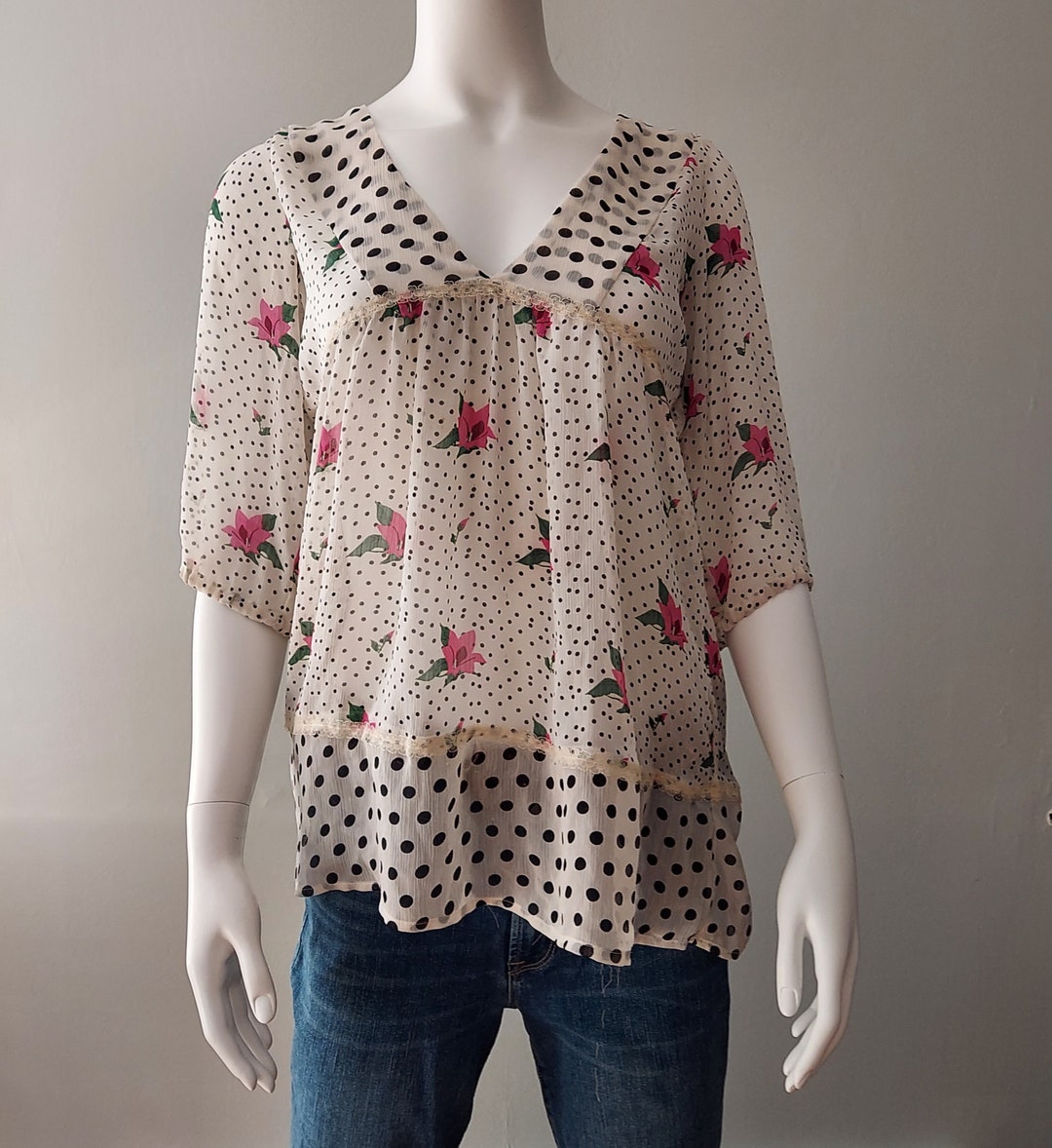 Angel Sleeve Chiffon, Mixed Print Tunic Sizes S/M Beige Lace, Pink ...