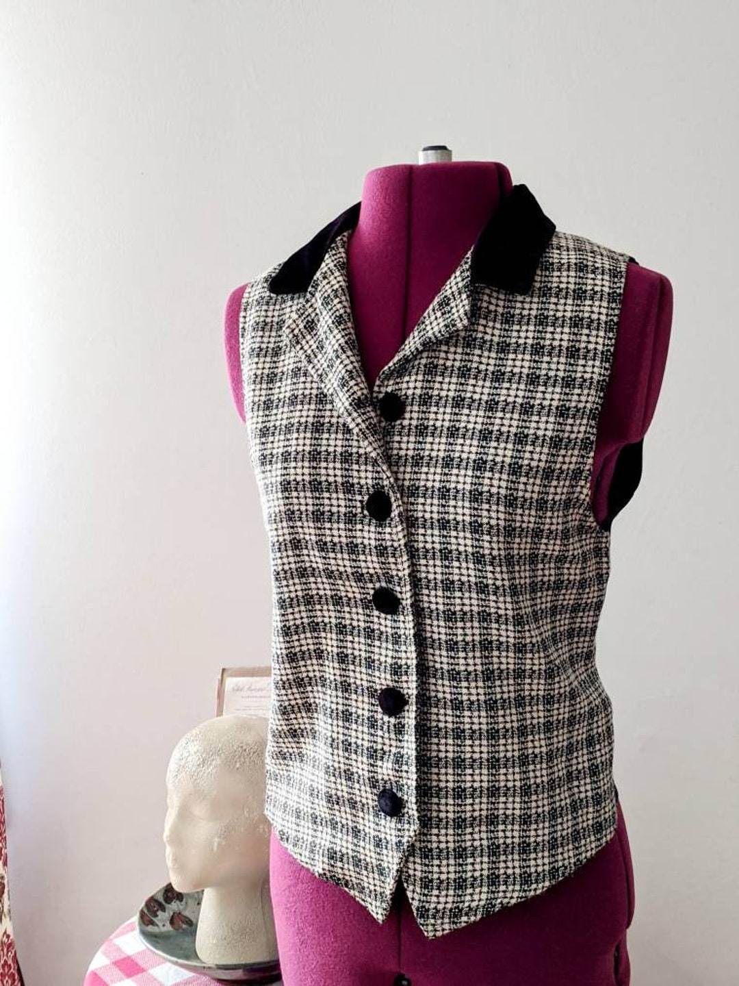 Vintage Houndstooth Vest: 1980s Velvet Collar Tie-back Weskit, Size M ...