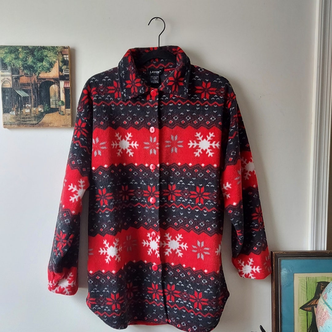 Vintage Snowflake Fleece Shirt Jacket: Red Nordic Button-up (L/XL) - Etsy