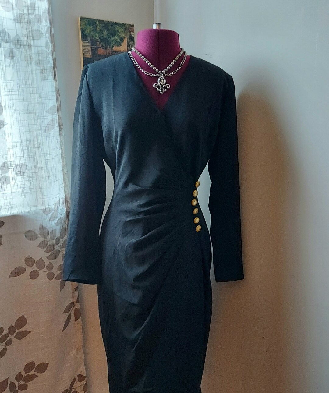 80s Power Sheath, Sarong Draped V Bodice Size 8 Medium Charcoal Black ...