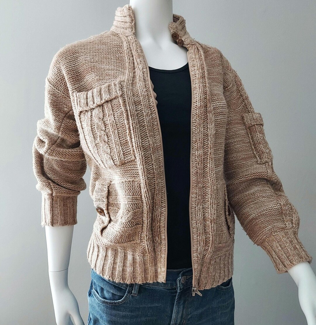 1970s Zip-front Cardigan: WOOLCO Vintage Biscotti Space Dye Sweater (S ...