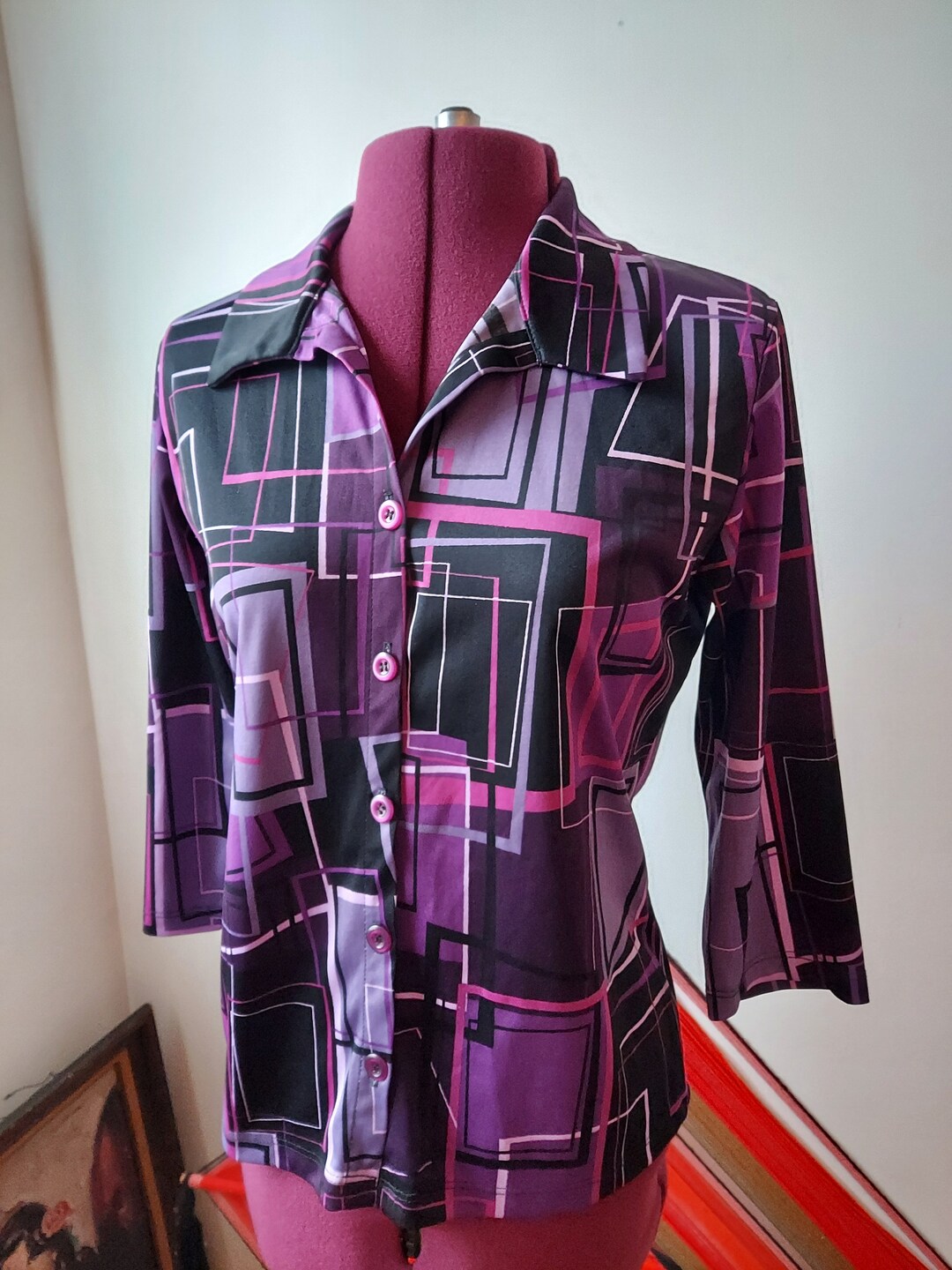 80s Silky Shirt, Geometric Angles | Shades of Purple, Black, Magenta ...