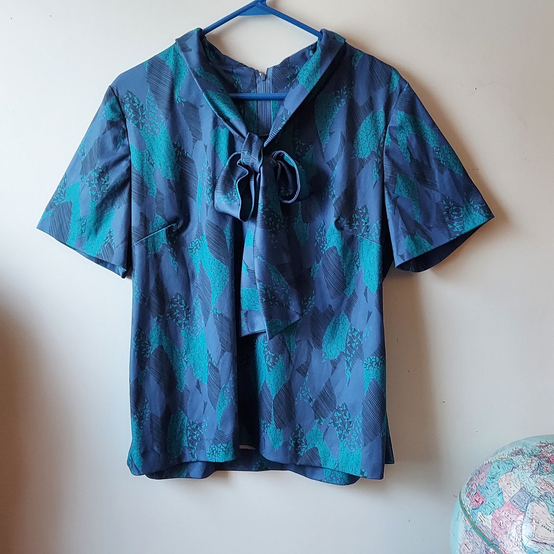 1960s Vintage Ascot Blouse: Blue Forest Print, Poly Knit (chest 46) - Etsy
