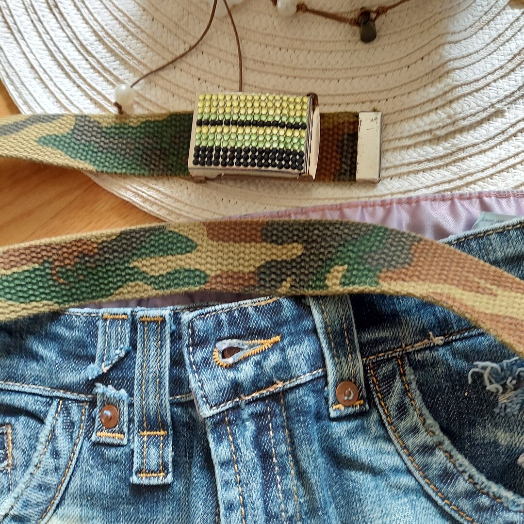 Camo Webbing Belt, Rhinestone Slide Buckle | 1990s Casual Military Look ...