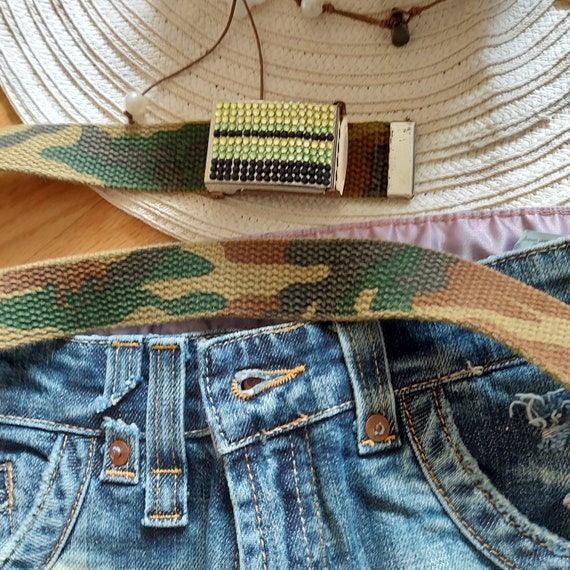 Camo Webbing Belt, Rhinestone Slide Buckle | 1990s Ca… - Gem