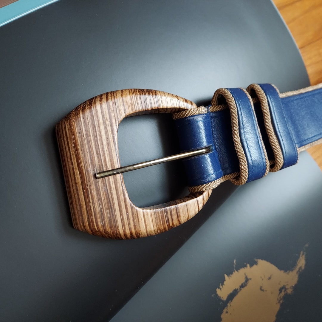 80s Cobalt Belt, Large Wooden Buckle | Blue Leather, Soutache Braid ...