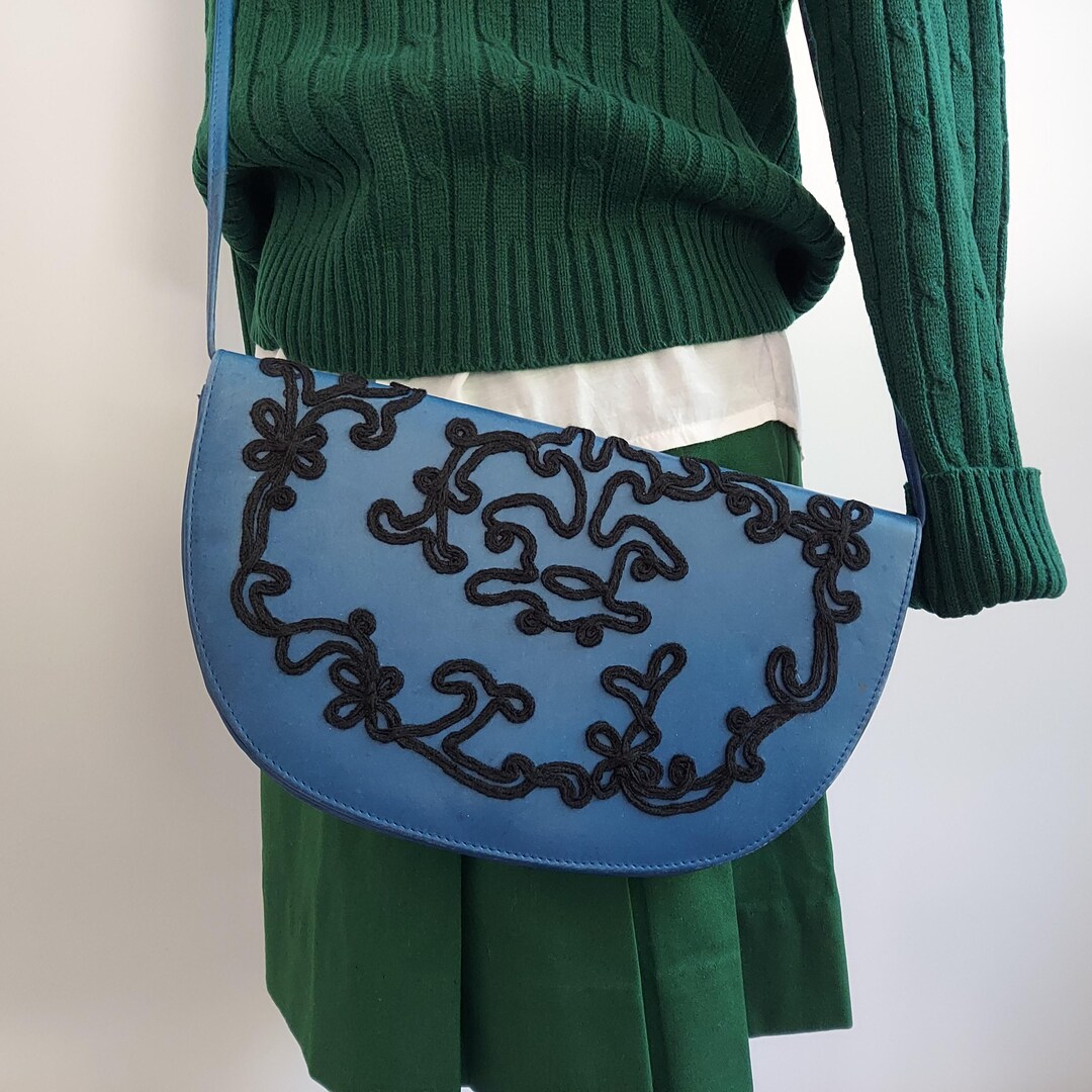 Vintage 80s Blue Leather Envelope Bag: Black Soutache Trim, India ...