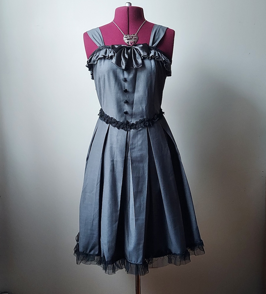 Gray Twill Goth Dress: Corset Lace Back, Black Lace Trim (S/M) - Etsy