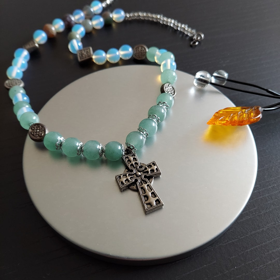Jade Cross Necklace: Angelite Beads, Silver Celtic Filigree (20 Inch ...
