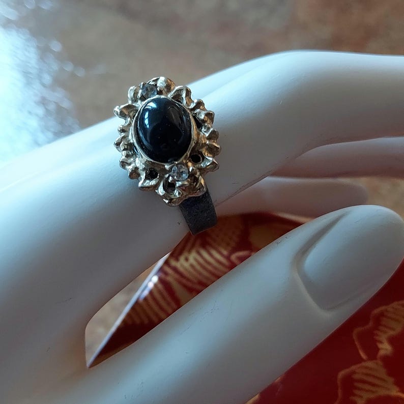 Vintage Nouveau Goth Ring: Black Glass, Golden Brass, Rhinestones ...