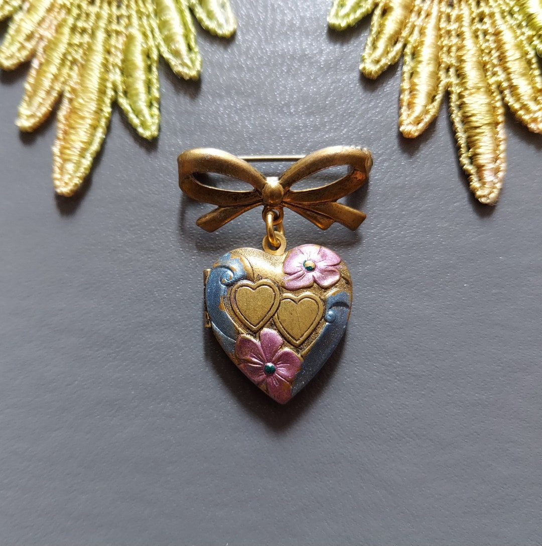 Sweetheart Locket Pin VINTAGE 1940s-50s Tri-color W/ Bow Accent Quaint ...