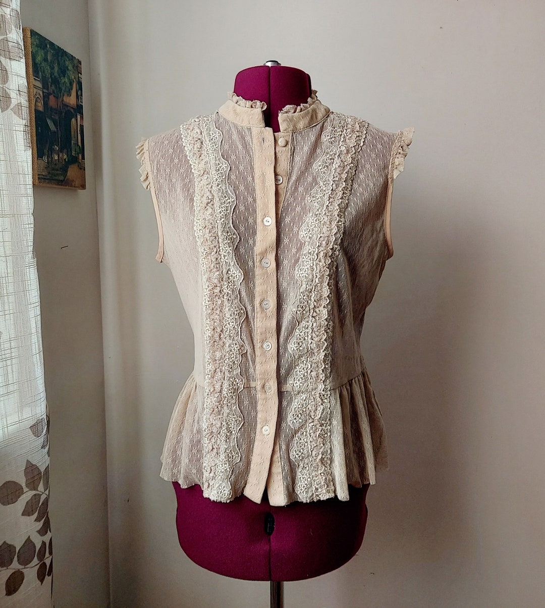 Lace Chemise Shirt, Wheat Beige Sheer Pointelle | High-neck Blouse ...