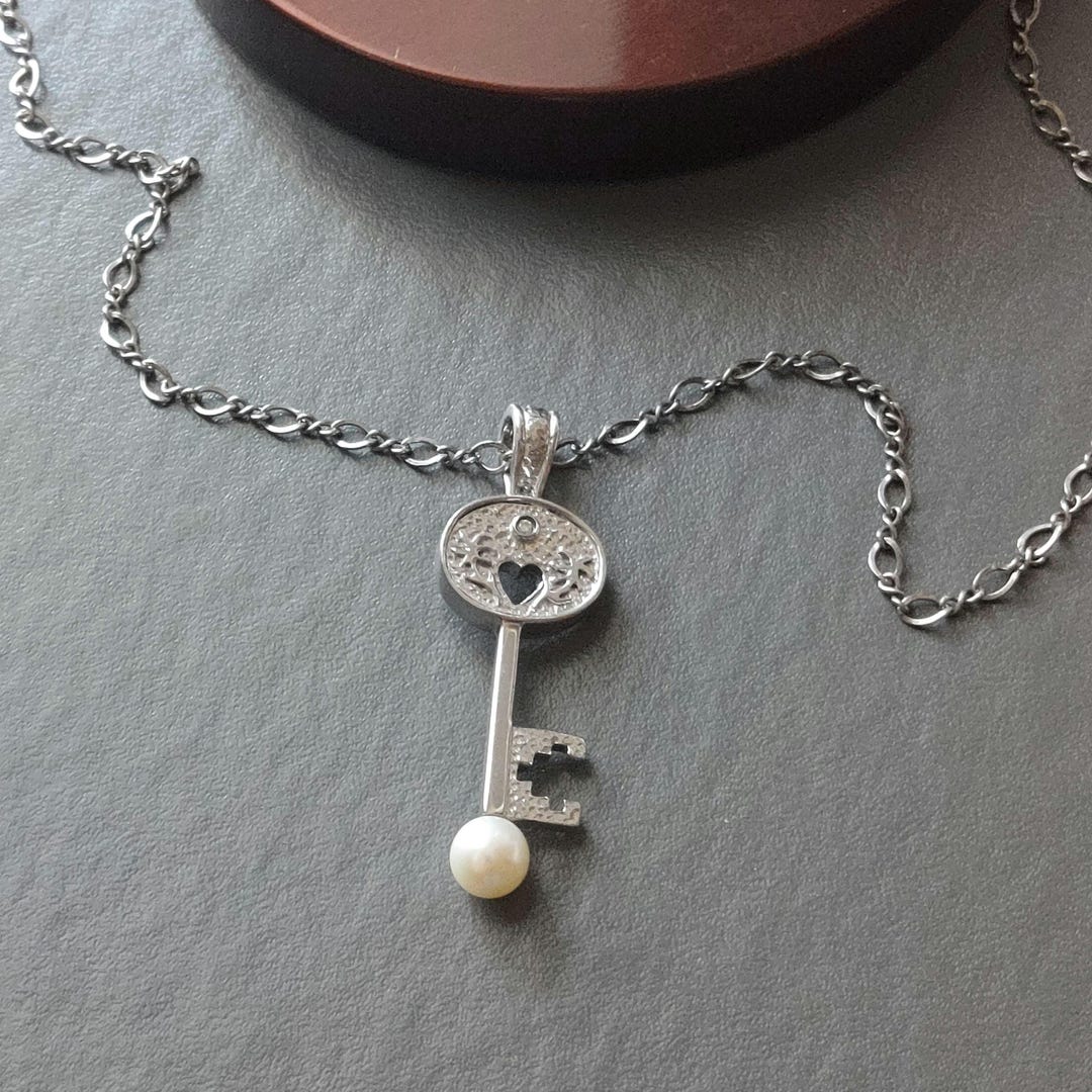 925 Key Pendant, Diamond & Pearl Accent | Textured Chain is 18 Inch ...