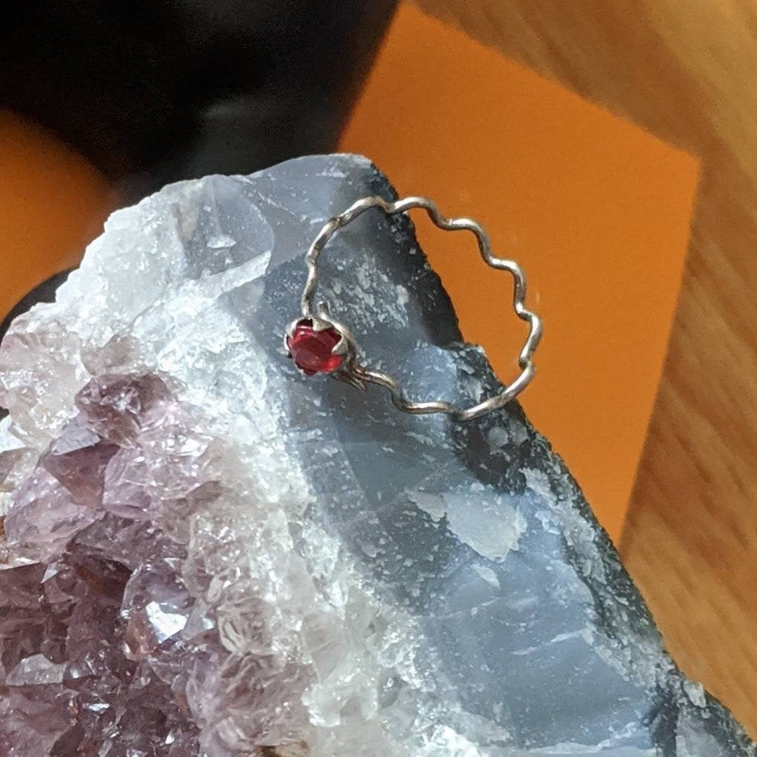 Dainty Ruby Ring Size 4 | A Sweet Pinky Ring to Layer | Raspberry Ruby, Lacy Silver Band, Zig ...