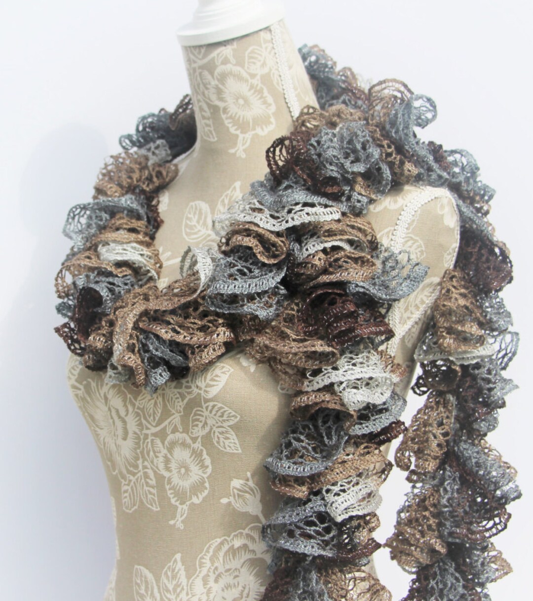 Christmas Gift, Crochet Ruffle Scarf, Ruffle Scarf, Grey Brown Ruffle ...