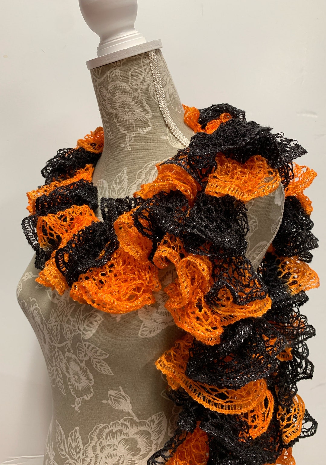 Crochet Ruffle Scarf Crocheted Scarf Black Orange Scarf Sashay Scarf