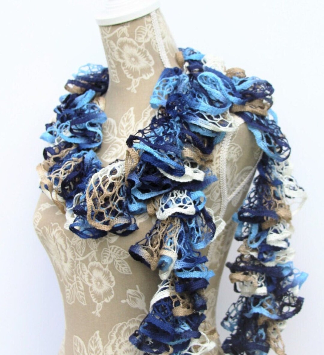 Christmas Gift, Multi Blue Crochet Scarf, Crochet Ruffle Scarf, Frilly ...