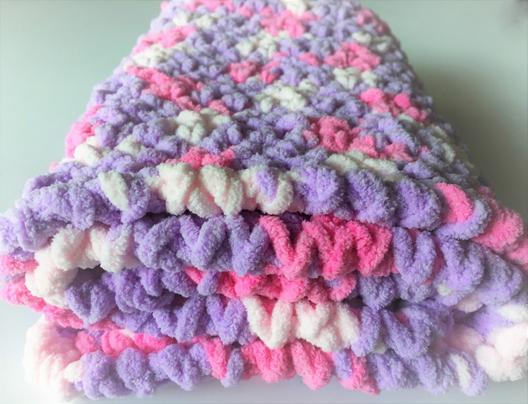 Handmade Crochet Baby Blanket, Pink Lavender White Chenille Yarn, Photo ...