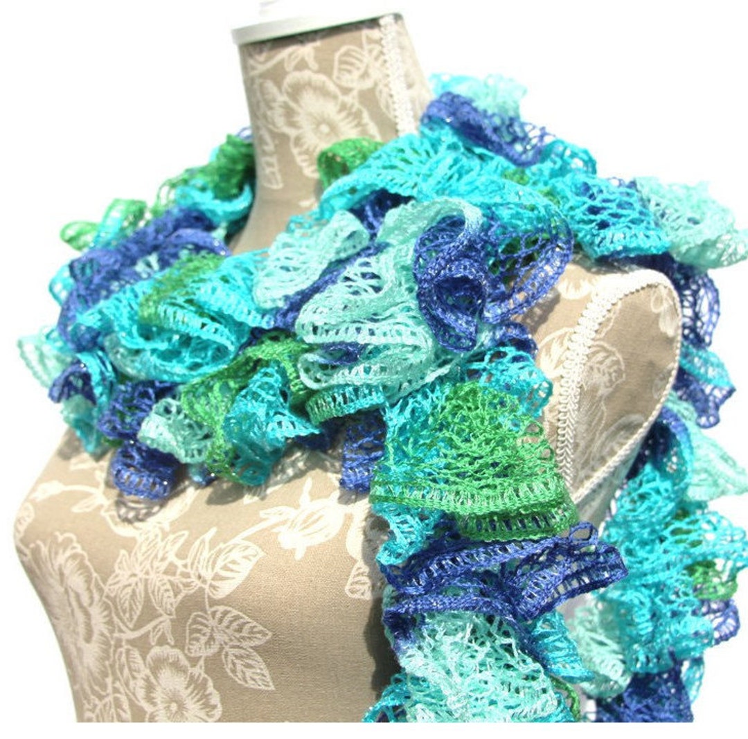 Gift for Mom, Multi Color Ruffle Scarf, Crochet Ruffle Scarf, Blue ...
