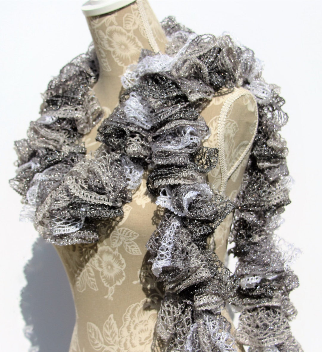 Grey Crochet Ruffle Scarf, Grey Ruffle Scarf, Sashay Scarf, Crochet ...