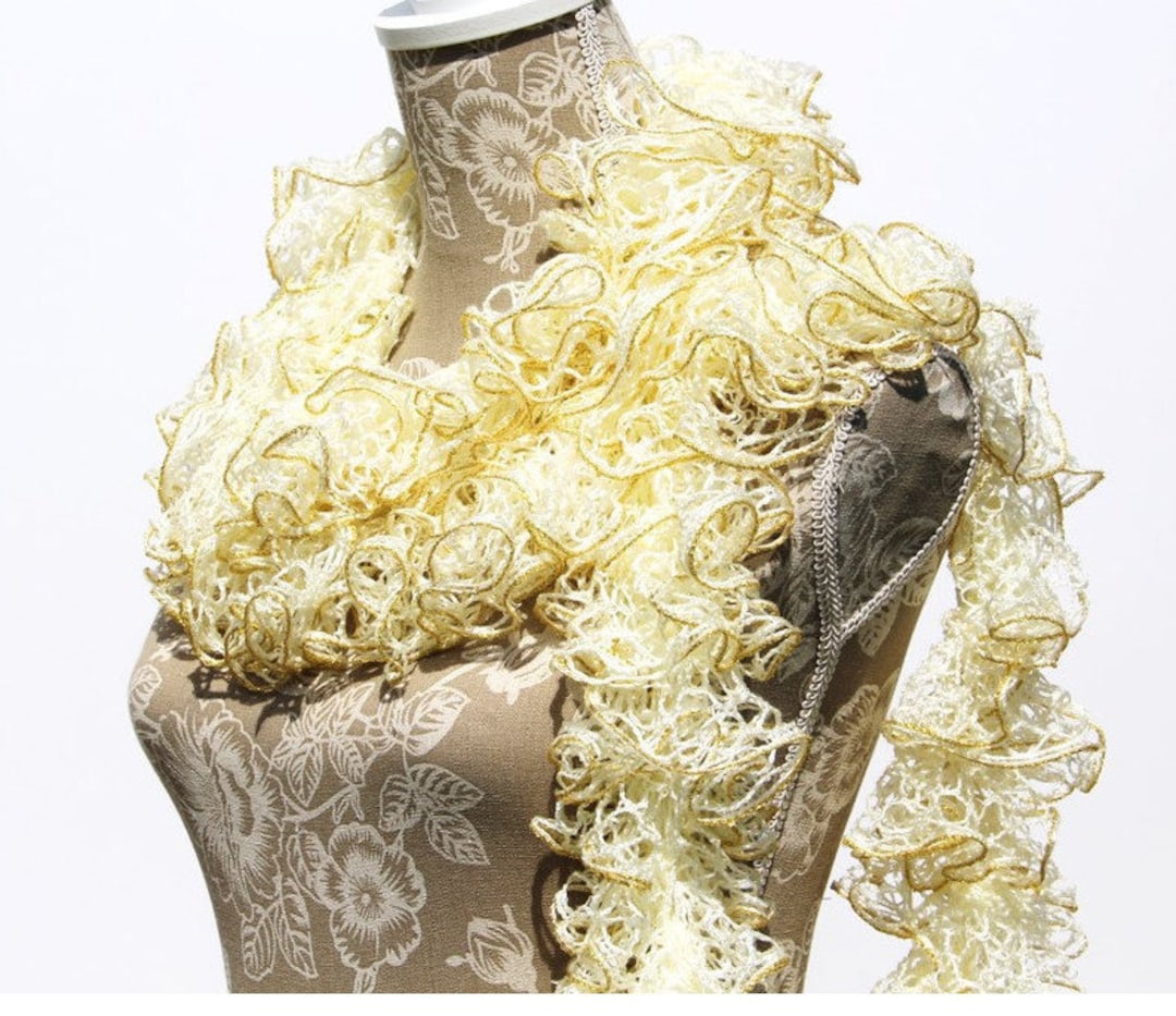 Beige Gold Trim Ruffle Scarf, Crochet Ruffled Frilly Scarf, Handmade ...