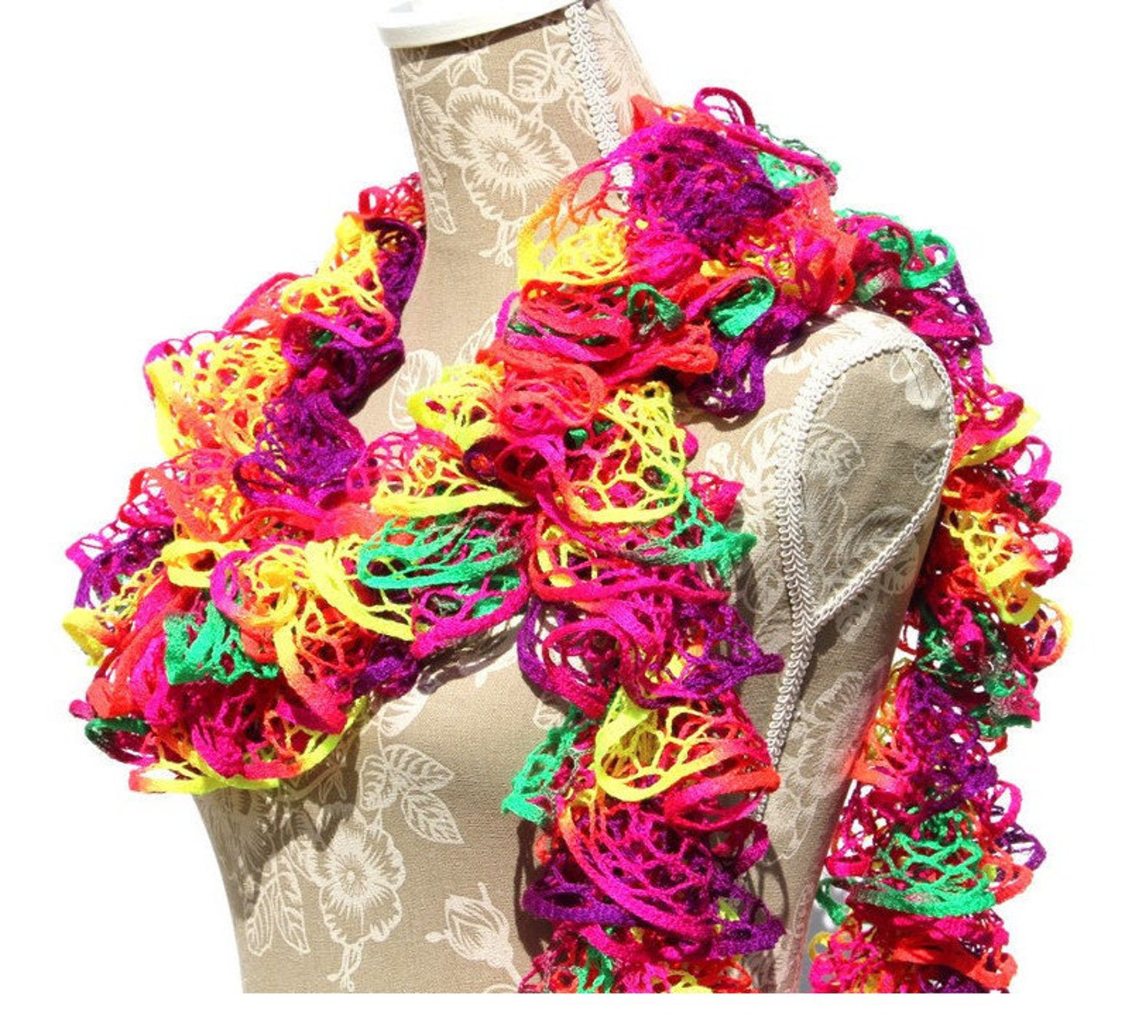 Neon Crochet Scarf, Ruffle Scarf, Colorful Scarf, Scarf, Crochet Ruffle ...