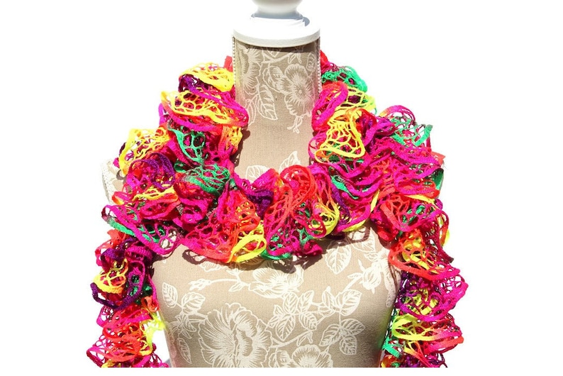 Neon Crochet Scarf, Ruffle Scarf, Colorful Scarf, Scarf, Crochet Ruffle ...