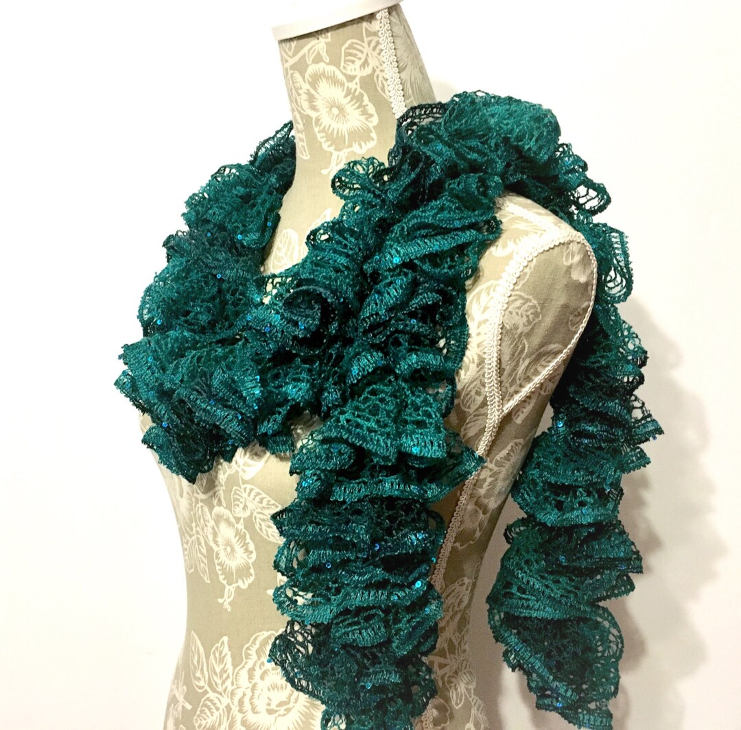 Teal Crochet Scarf, Crochet Ruffle Scarf, Crochet Scarf, Ready to Ship ...