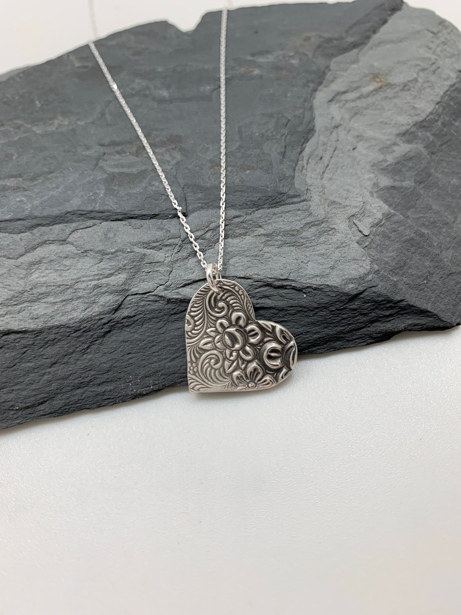 Floral Silver Heart Necklace Sterling Silver Necklace Silver Rose ...
