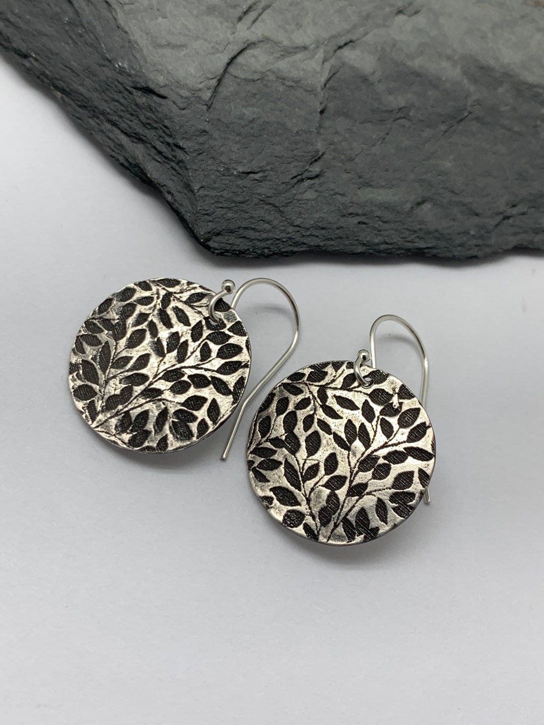 Silver Round Floral Leaf Earrings Sterling Silver Earrings Silver ...
