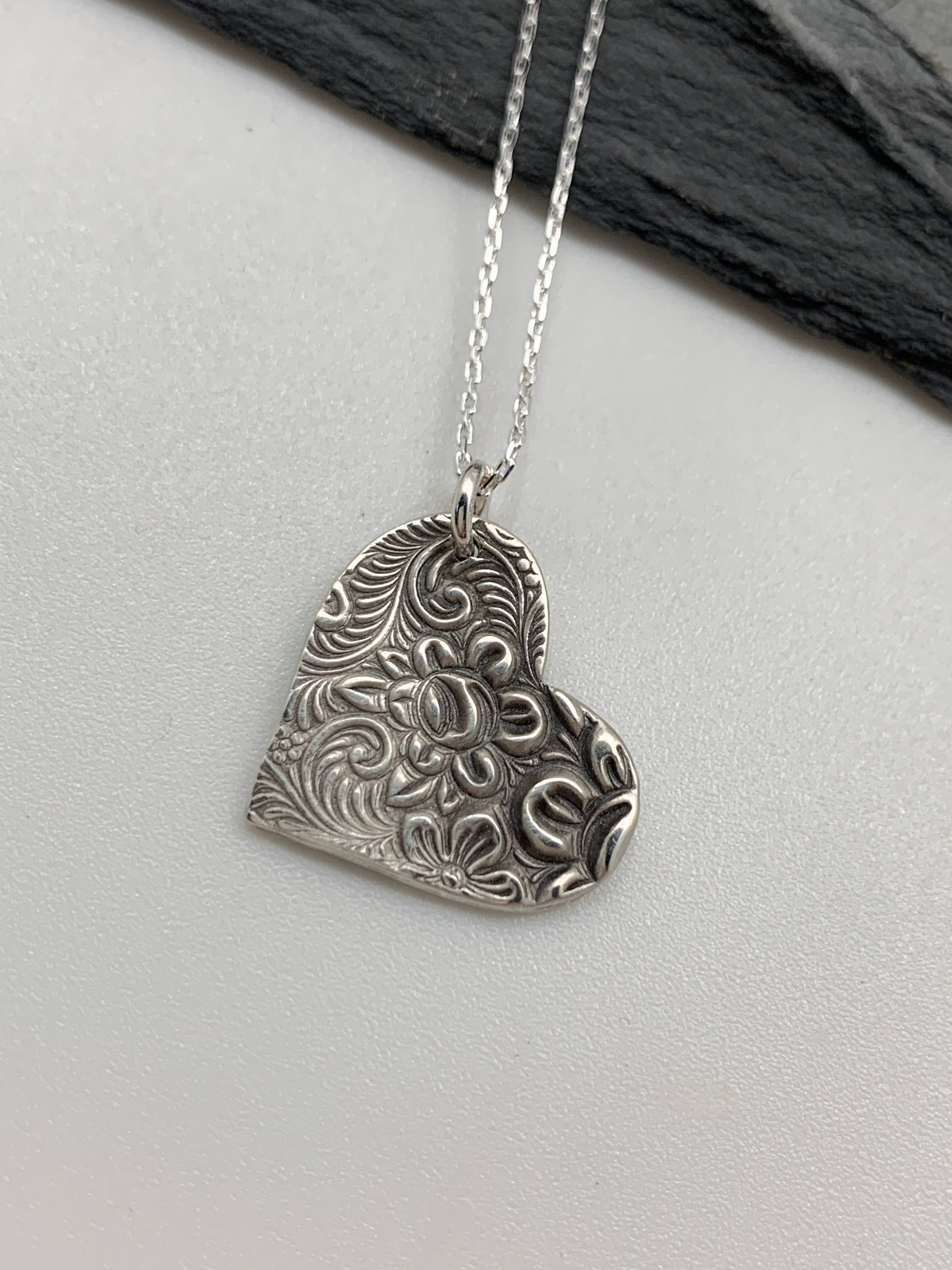 Floral Silver Heart Necklace Sterling Silver Necklace Silver Rose ...