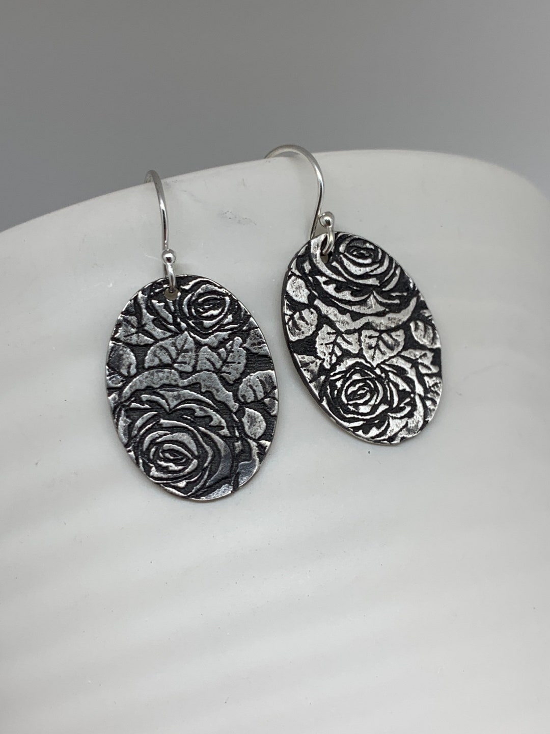Silver Floral Oval Earrings Silver Rose Earrings Sterling Silver Flower ...