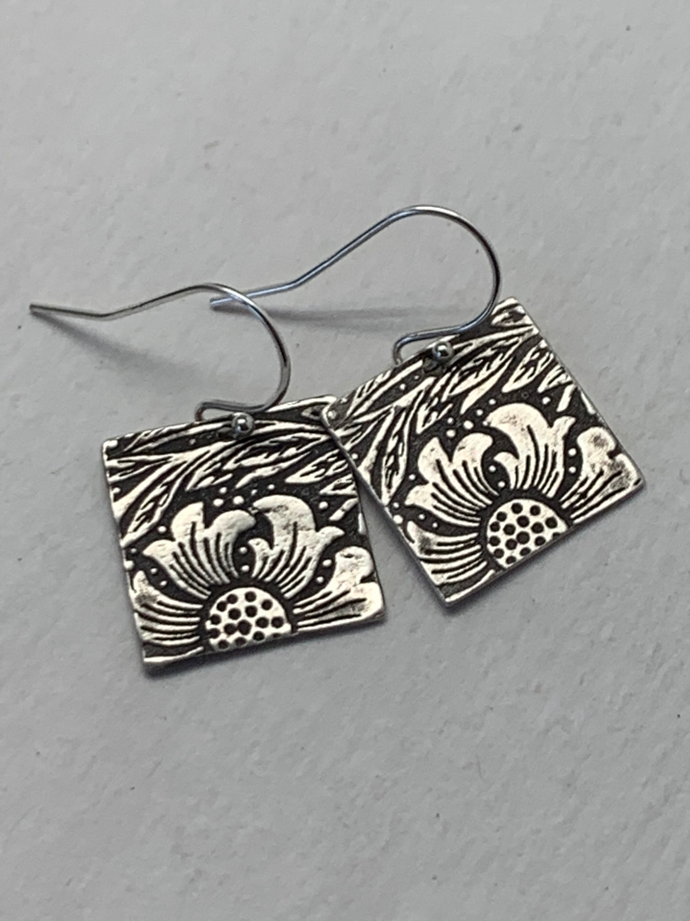 Silver Square Floral Earrings Sterling Silver Leaf Earrings | Etsy