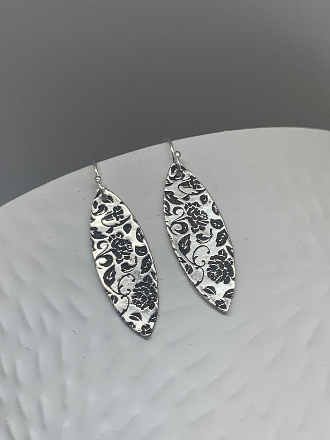 Silver Floral Oval Earrings Silver Scalloped Leaf Earrings Sterling ...