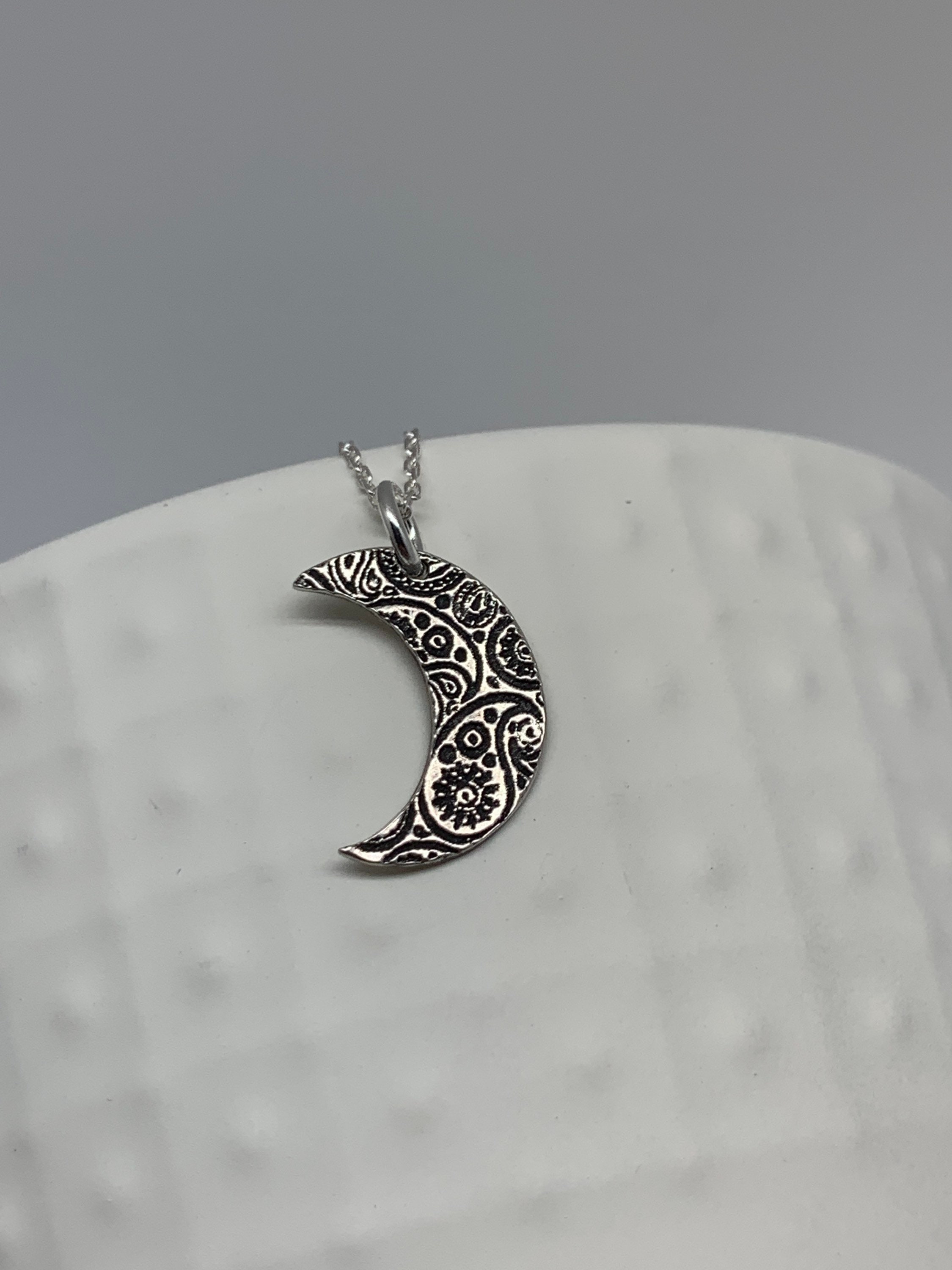 Tiny Silver Paisley Moon Necklace Sterling Silver Moon Pendant Silver ...