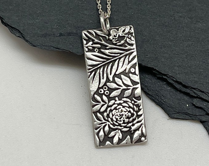 Sterling Silver Flower Necklace • Floral Pendant • Leaf Vertical Bar ...