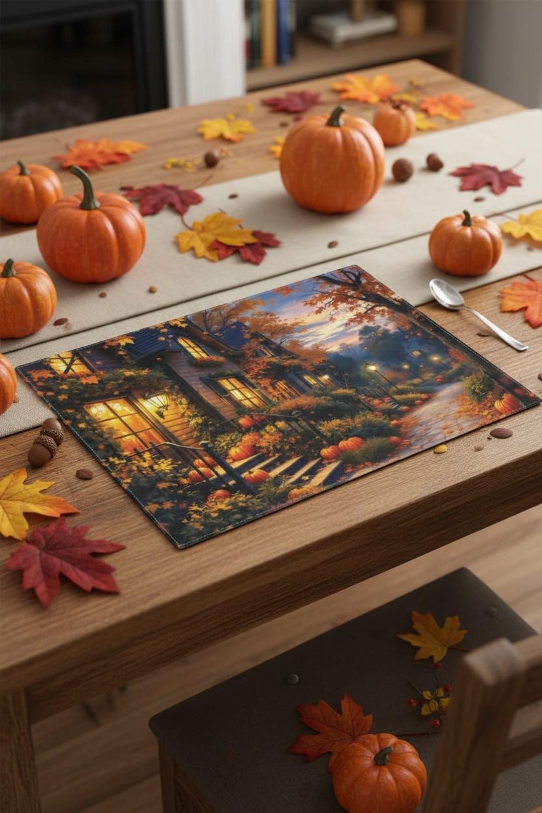 Place Mats. Autumn Cottage Scene Placemat | Fall Porch Pumpkins Table ...