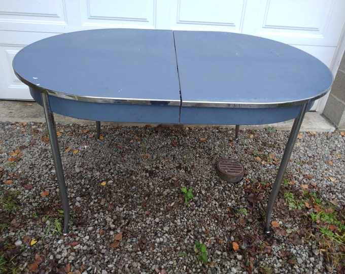Vintage Mid Century Modern Blue Metal Kitchen Table With Chrome Legs ...