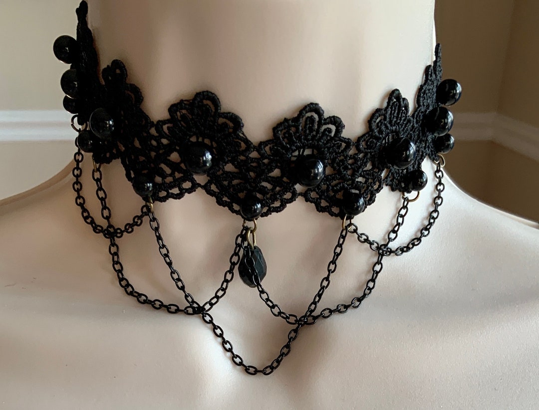 Black Lace Choker, White Pearl Gothic Collar - Etsy