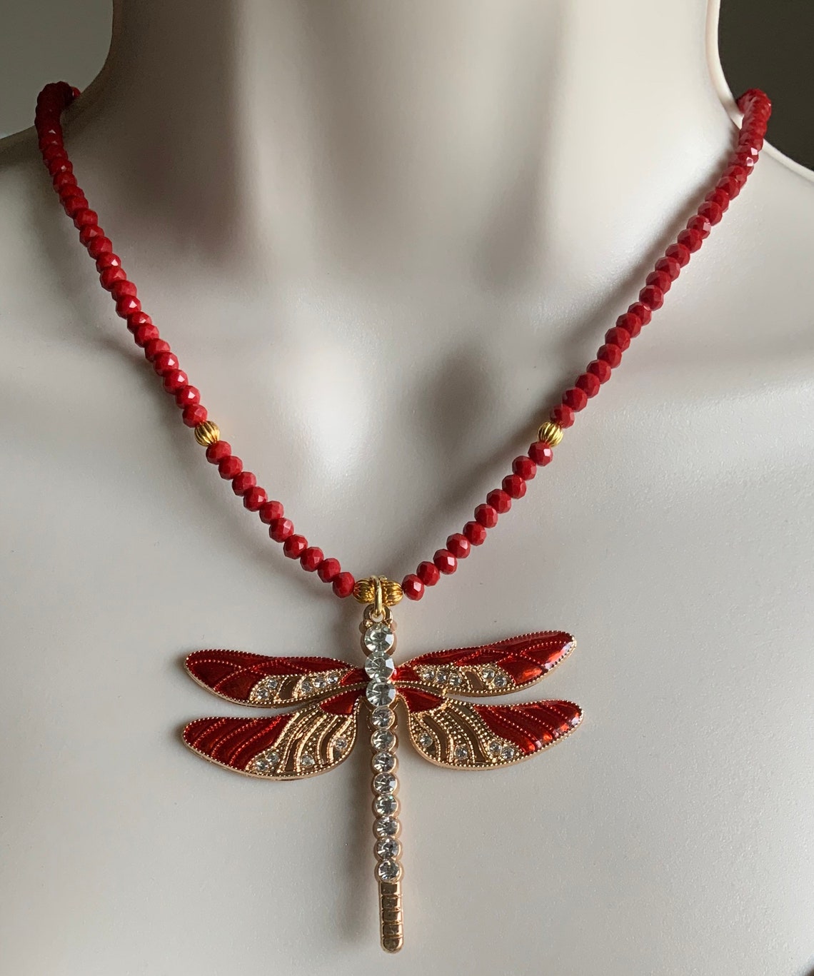Libélula roja collar de cristal collar de oro collar de la | Etsy