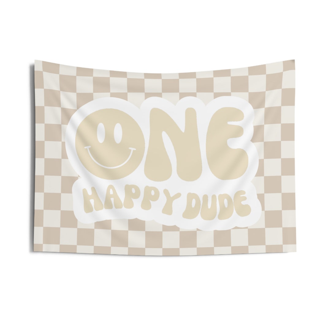 Neutral One Happy Dude Backdrop, Tan One Happy Dude Sign, Beige Smiley ...