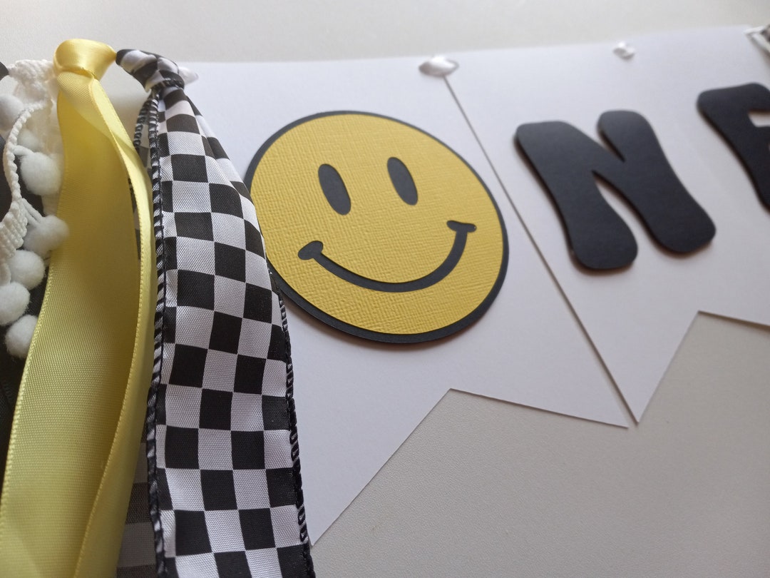 One Happy Dude High Chair Banner, Yellow and Black Smiley Face Banner ...