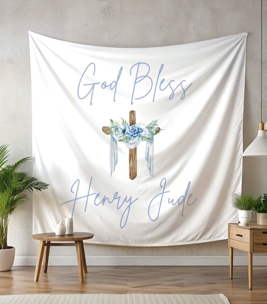 Boy Baptism Banner, Blue Christening Decor Sign, God Bless Baby Name ...